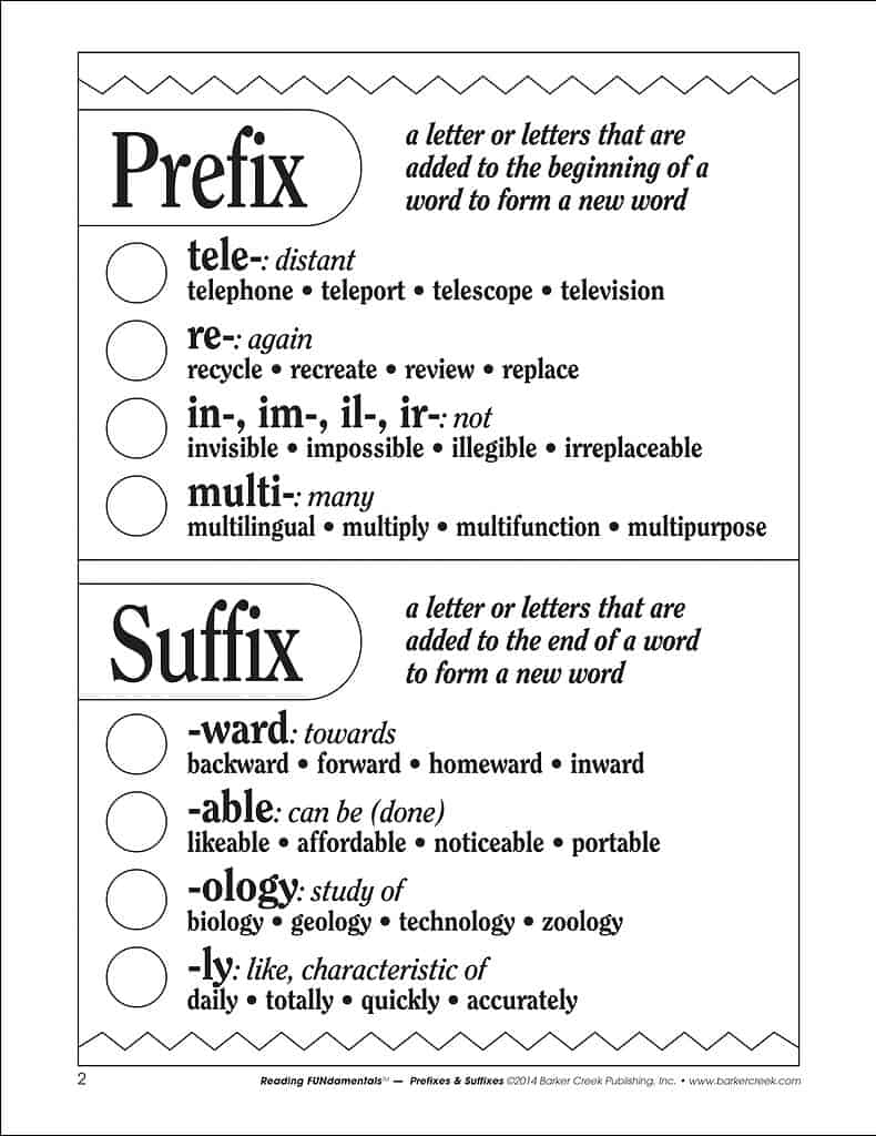 Prefixes/Suffixes Grammar Activity Book, 48 Pages - Barker Creek Publishing